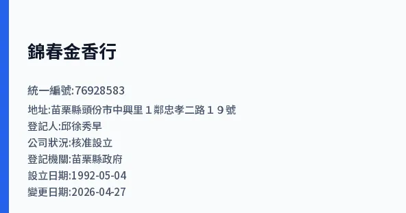 錦春金香行的照片-統編 76928583(苗栗縣) 公司登記資料與營業項目詳細圖表
