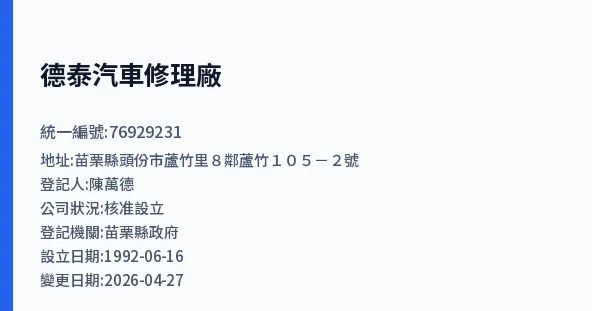 德泰汽車修理廠的照片-統編 76929231(苗栗縣) 公司登記資料與營業項目詳細圖表