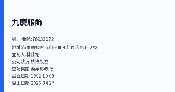 九慶服飾的照片-統編 76933072(苗栗縣) 公司登記資料與營業項目詳細圖表