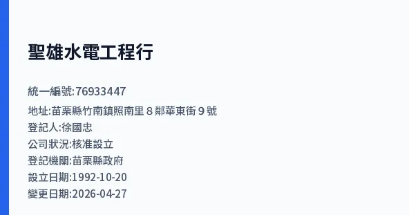 聖雄水電工程行的照片-統編 76933447(苗栗縣) 公司登記資料與營業項目詳細圖表