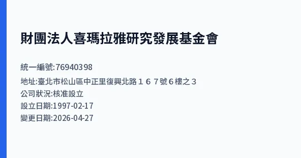 財團法人喜瑪拉雅研究發展基金會的照片-統編 76940398(臺北市) 公司登記資料與營業項目詳細圖表