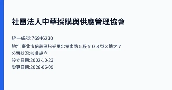 社團法人中華採購與供應管理協會的照片-統編 76946230(臺北市) 公司登記資料與營業項目詳細圖表