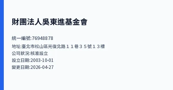財團法人吳東進基金會的照片-統編 76948878(臺北市) 公司登記資料與營業項目詳細圖表