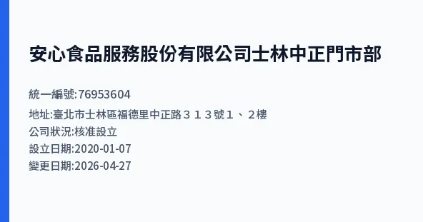 安心食品服務股份有限公司士林中正門市部的照片-統編 76953604(臺北市) 公司登記資料與營業項目詳細圖表