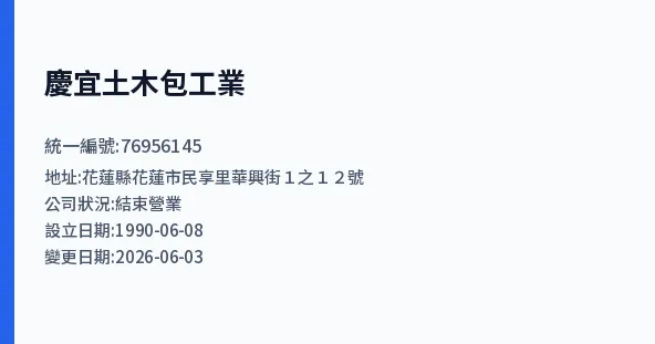 慶宜土木包工業的照片-統編 76956145(花蓮縣) 公司登記資料與營業項目詳細圖表