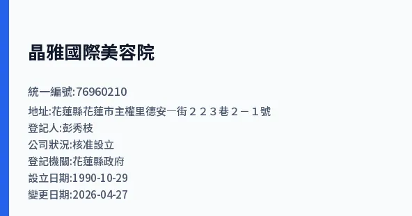 晶雅國際美容院的照片-統編 76960210(花蓮縣) 公司登記資料與營業項目詳細圖表