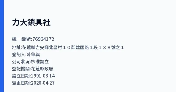 力大鎖具社的照片-統編 76964172(花蓮縣) 公司登記資料與營業項目詳細圖表