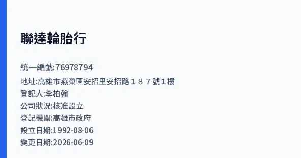 聯達輪胎行的照片-統編 76978794(高雄市) 公司登記資料與營業項目詳細圖表