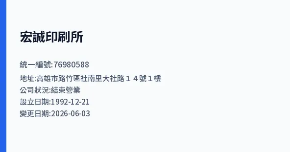 宏誠印刷所的照片-統編 76980588(高雄市) 公司登記資料與營業項目詳細圖表