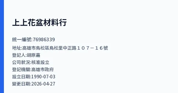 上上花盆材料行的照片-統編 76986339(高雄市) 公司登記資料與營業項目詳細圖表