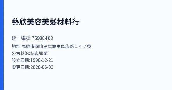 藝欣美容美髮材料行的照片-統編 76988408(高雄市) 公司登記資料與營業項目詳細圖表