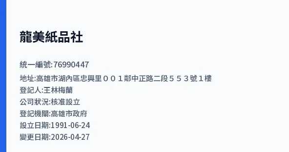 龍美紙品社的照片-統編 76990447(高雄市) 公司登記資料與營業項目詳細圖表