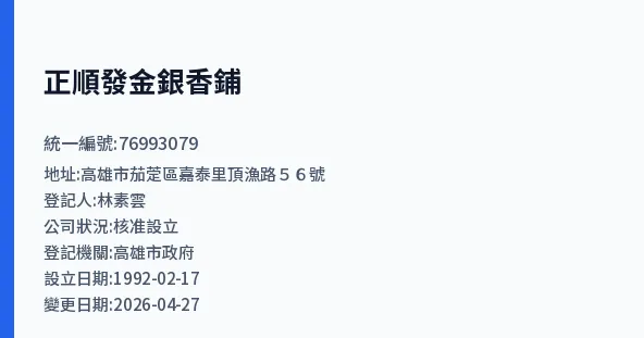 正順發金銀香鋪的照片-統編 76993079(高雄市) 公司登記資料與營業項目詳細圖表