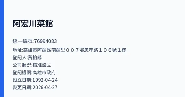 阿宏川菜館的照片-統編 76994083(高雄市) 公司登記資料與營業項目詳細圖表