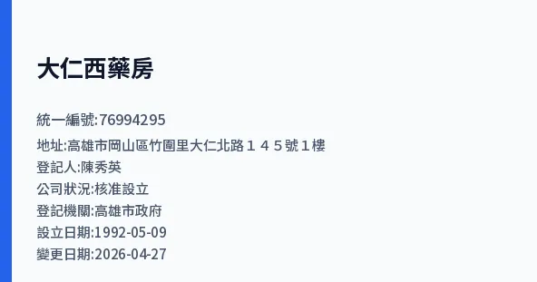 大仁西藥房的照片-統編 76994295(高雄市) 公司登記資料與營業項目詳細圖表