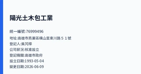 陽光土木包工業的照片-統編 76999496(高雄市) 公司登記資料與營業項目詳細圖表