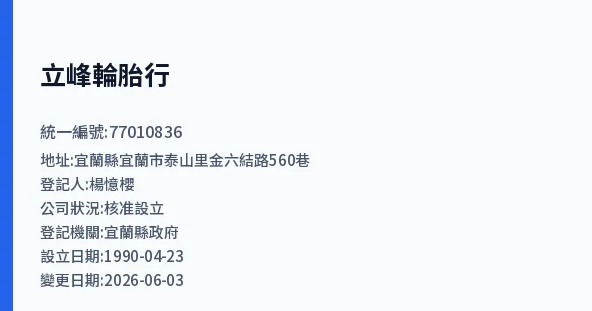 立峰輪胎行的照片-統編 77010836(宜蘭縣) 公司登記資料與營業項目詳細圖表