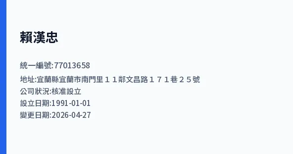 賴漢忠的照片-統編 77013658(宜蘭縣) 公司登記資料與營業項目詳細圖表