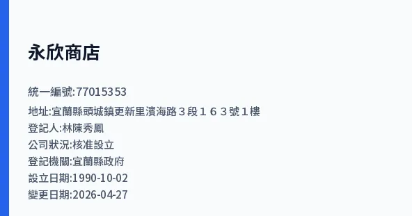 永欣商店的照片-統編 77015353(宜蘭縣) 公司登記資料與營業項目詳細圖表