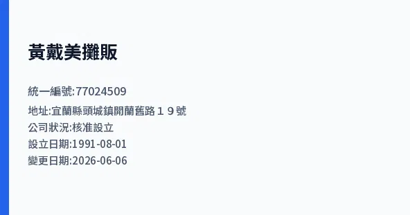 黃戴美攤販的照片-統編 77024509(宜蘭縣) 公司登記資料與營業項目詳細圖表