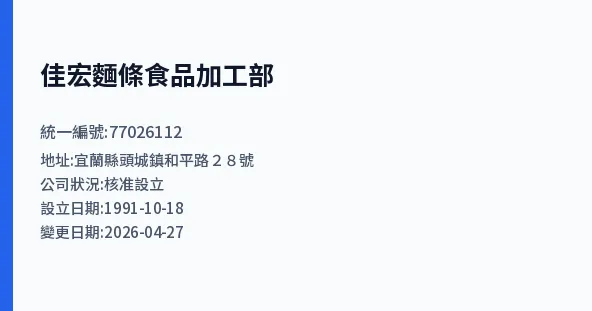 佳宏麵條食品加工部的照片-統編 77026112(宜蘭縣) 公司登記資料與營業項目詳細圖表