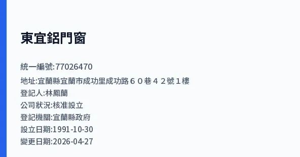 東宜鋁門窗的照片-統編 77026470(宜蘭縣) 公司登記資料與營業項目詳細圖表