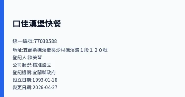 口佳漢堡快餐的照片-統編 77038588(宜蘭縣) 公司登記資料與營業項目詳細圖表