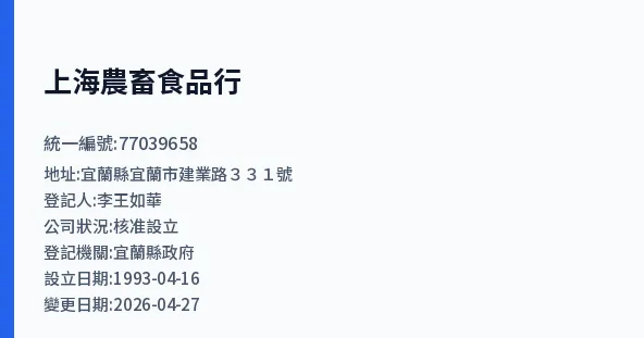 上海農畜食品行的照片-統編 77039658(宜蘭縣) 公司登記資料與營業項目詳細圖表