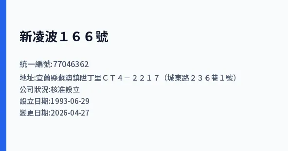 新凌波166號的照片-統編 77046362(宜蘭縣) 公司登記資料與營業項目詳細圖表