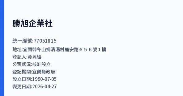 勝旭企業社的照片-統編 77051815(宜蘭縣) 公司登記資料與營業項目詳細圖表