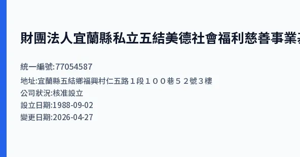 財團法人宜蘭縣私立五結美德社會福利慈善事業基金會的照片-統編 77054587(宜蘭縣) 公司登記資料與營業項目詳細圖表