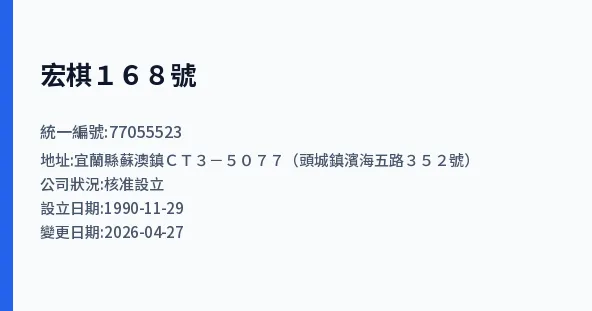 宏棋168號的照片-統編 77055523(宜蘭縣) 公司登記資料與營業項目詳細圖表