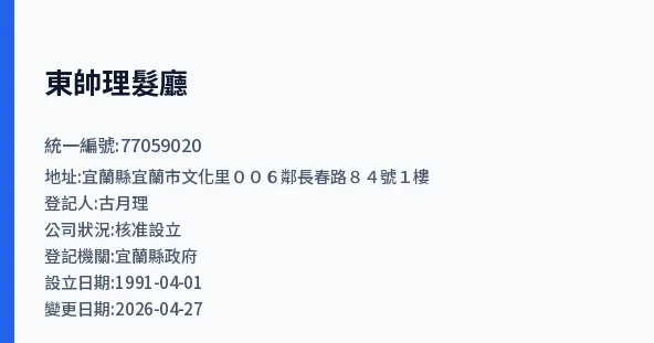 東帥理髮廳的照片-統編 77059020(宜蘭縣) 公司登記資料與營業項目詳細圖表