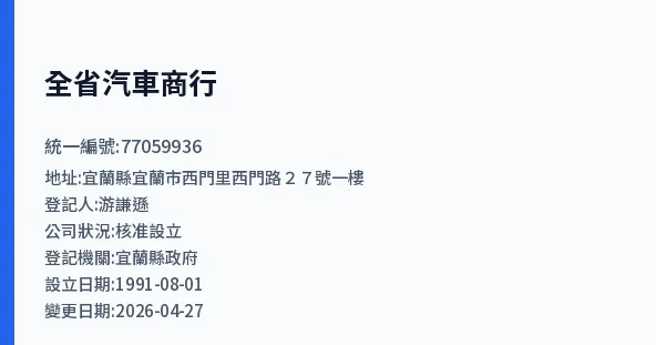 全省汽車商行的照片-統編 77059936(宜蘭縣) 公司登記資料與營業項目詳細圖表