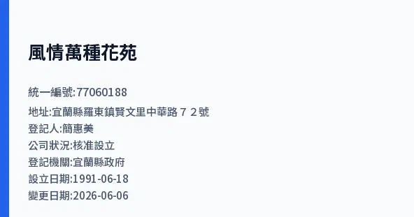風情萬種花苑的照片-統編 77060188(宜蘭縣) 公司登記資料與營業項目詳細圖表