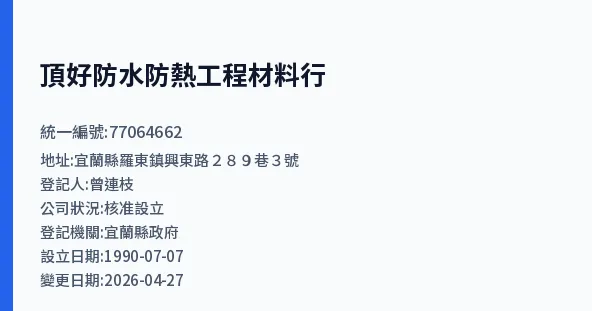 頂好防水防熱工程材料行的照片-統編 77064662(宜蘭縣) 公司登記資料與營業項目詳細圖表
