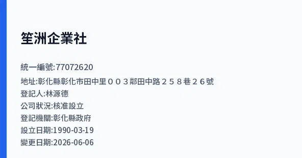 笙洲企業社的照片-統編 77072620(彰化縣) 公司登記資料與營業項目詳細圖表