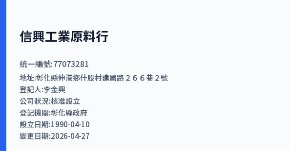 信興工業原料行的照片-統編 77073281(彰化縣) 公司登記資料與營業項目詳細圖表