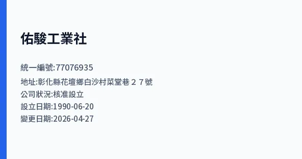 佑駿工業社的照片-統編 77076935(彰化縣) 公司登記資料與營業項目詳細圖表