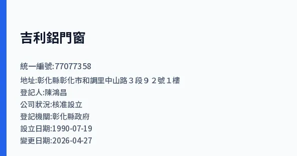 吉利鋁門窗的照片-統編 77077358(彰化縣) 公司登記資料與營業項目詳細圖表