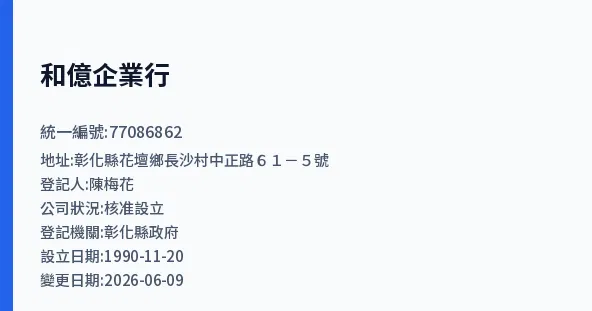 和億企業行的照片-統編 77086862(彰化縣) 公司登記資料與營業項目詳細圖表