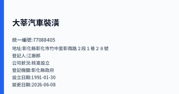 大莘汽車裝潢的照片-統編 77088405(彰化縣) 公司登記資料與營業項目詳細圖表
