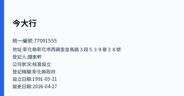今大行的照片-統編 77091555(彰化縣) 公司登記資料與營業項目詳細圖表