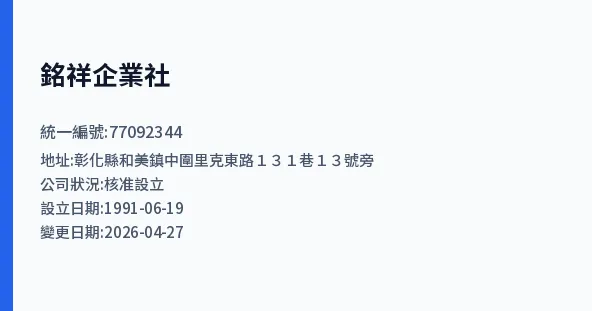 銘祥企業社的照片-統編 77092344(彰化縣) 公司登記資料與營業項目詳細圖表