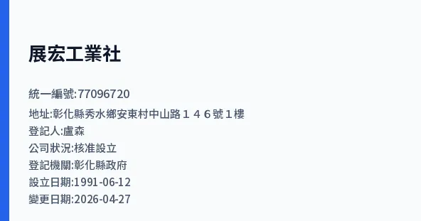 展宏工業社的照片-統編 77096720(彰化縣) 公司登記資料與營業項目詳細圖表