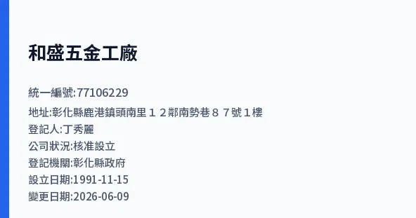 和盛五金工廠的照片-統編 77106229(彰化縣) 公司登記資料與營業項目詳細圖表