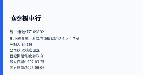 協泰機車行的照片-統編 77109892(彰化縣) 公司登記資料與營業項目詳細圖表