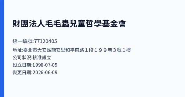 財團法人毛毛蟲兒童哲學基金會的照片-統編 77120405(臺北市) 公司登記資料與營業項目詳細圖表