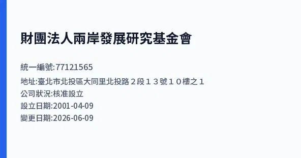 財團法人兩岸發展研究基金會的照片-統編 77121565(臺北市) 公司登記資料與營業項目詳細圖表