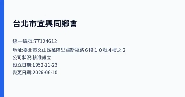 台北市宜興同鄉會的照片-統編 77124612(臺北市) 公司登記資料與營業項目詳細圖表